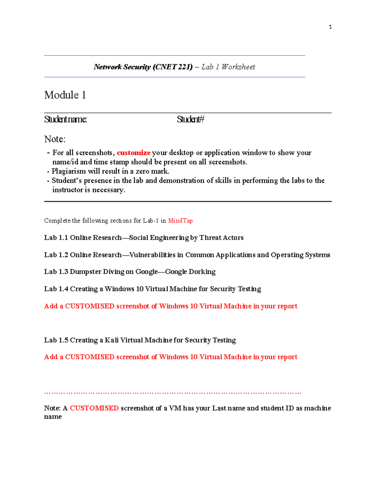 Lab 1 - N/A - 1 Network Security (CNET 221) – Lab 1 Worksheet Module 1 ...