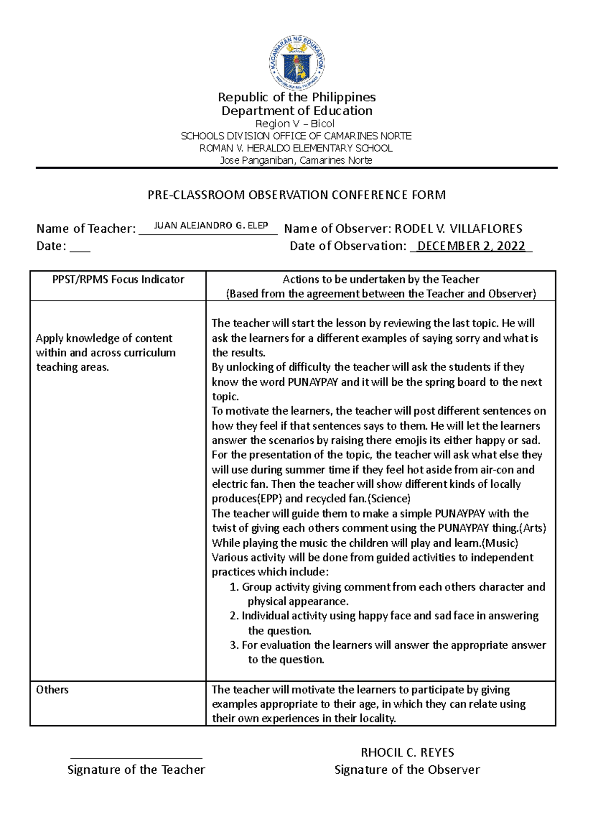 PRE POST Observation Form - Republic of the Philippines Department of ...