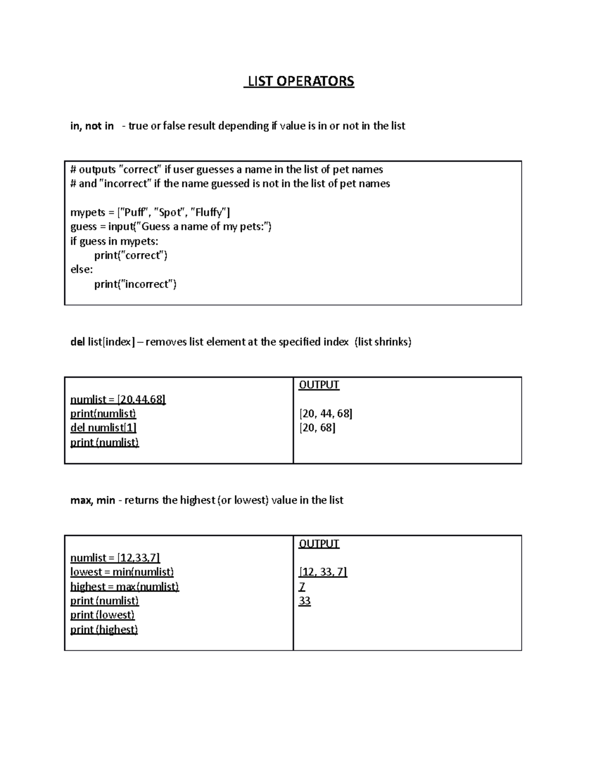List handout - Lecture note summaries - LIST OPERATORS in, not in ...