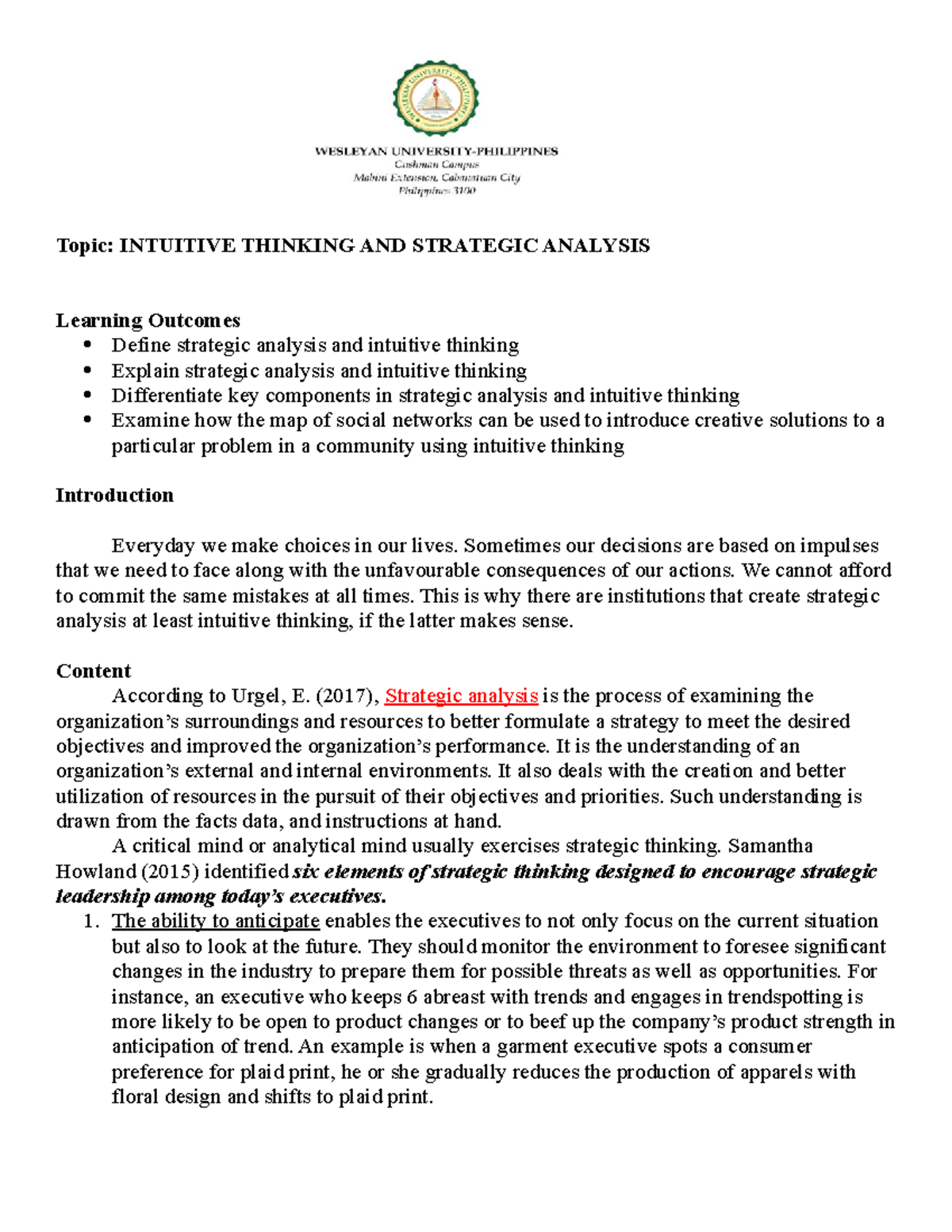 Strategic- Analysis - Strategy - Topic: INTUITIVE THINKING AND ...