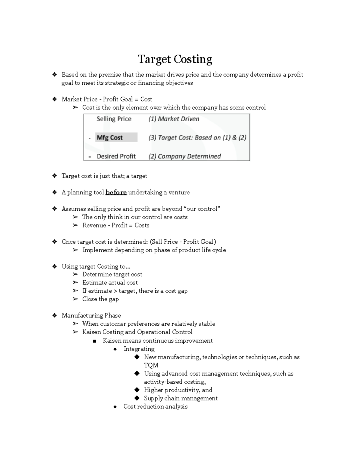 Target Costing - .. Determine target cost Estimate actual cost If ...