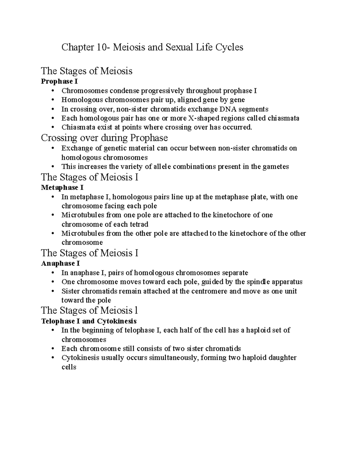 Chapter 10- Bio Notes 2 - Chapter 10- Meiosis and Sexual Life Cycles ...