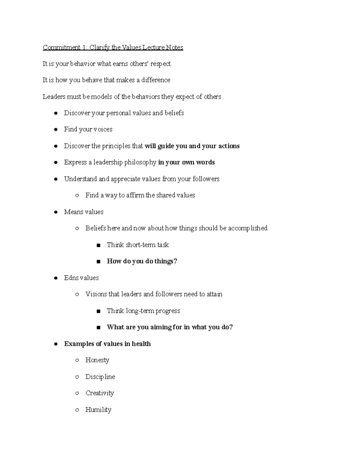 Commitment 1 Clarify the Values Lecture Notes - Stating values first ...
