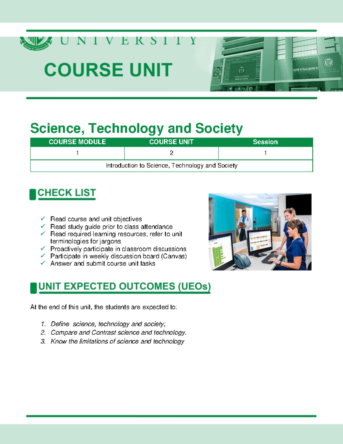 Course unit- introduction to science, technology and society - Science ...