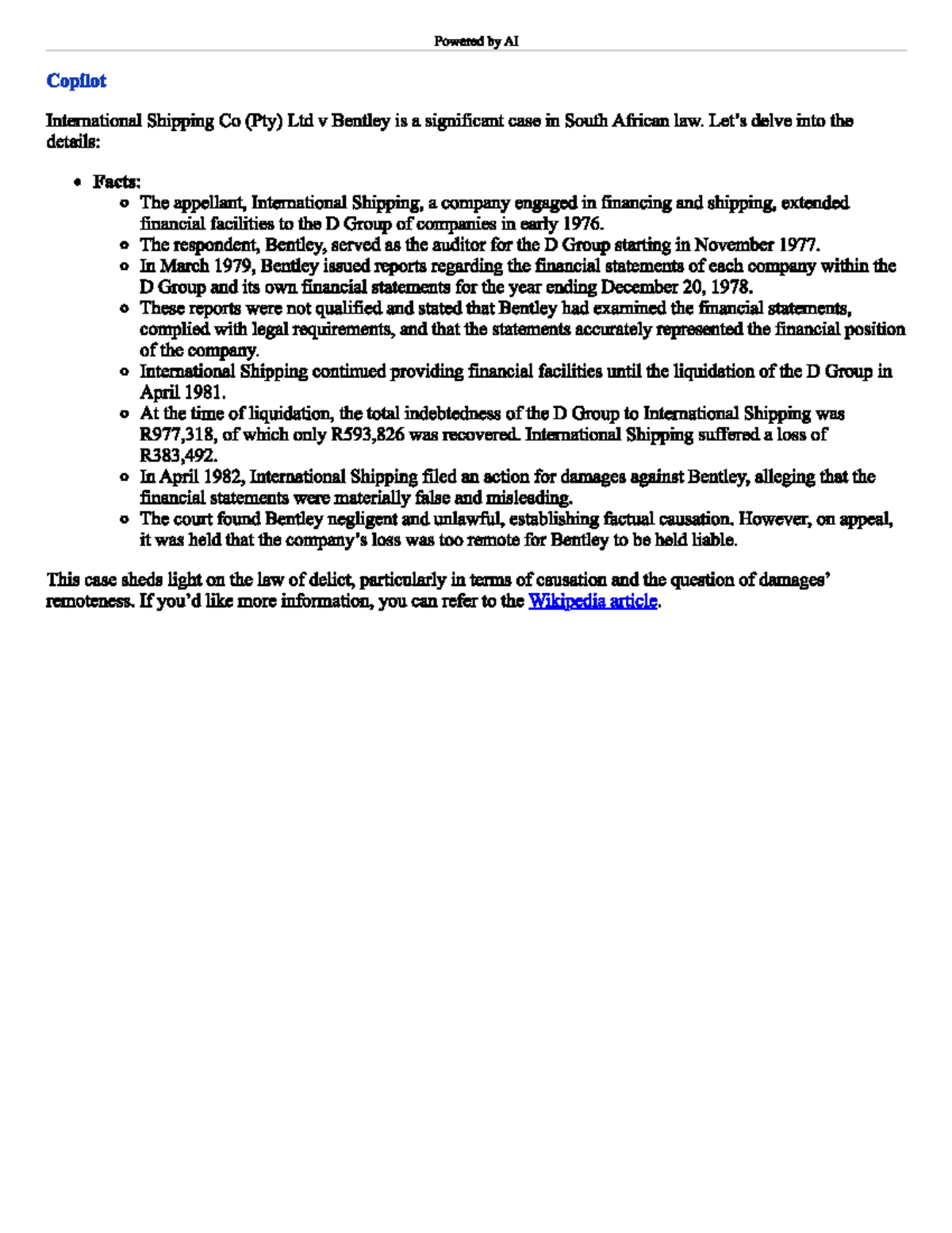 International Shipping Company (Pty) Ltd. v Bentley - Studocu