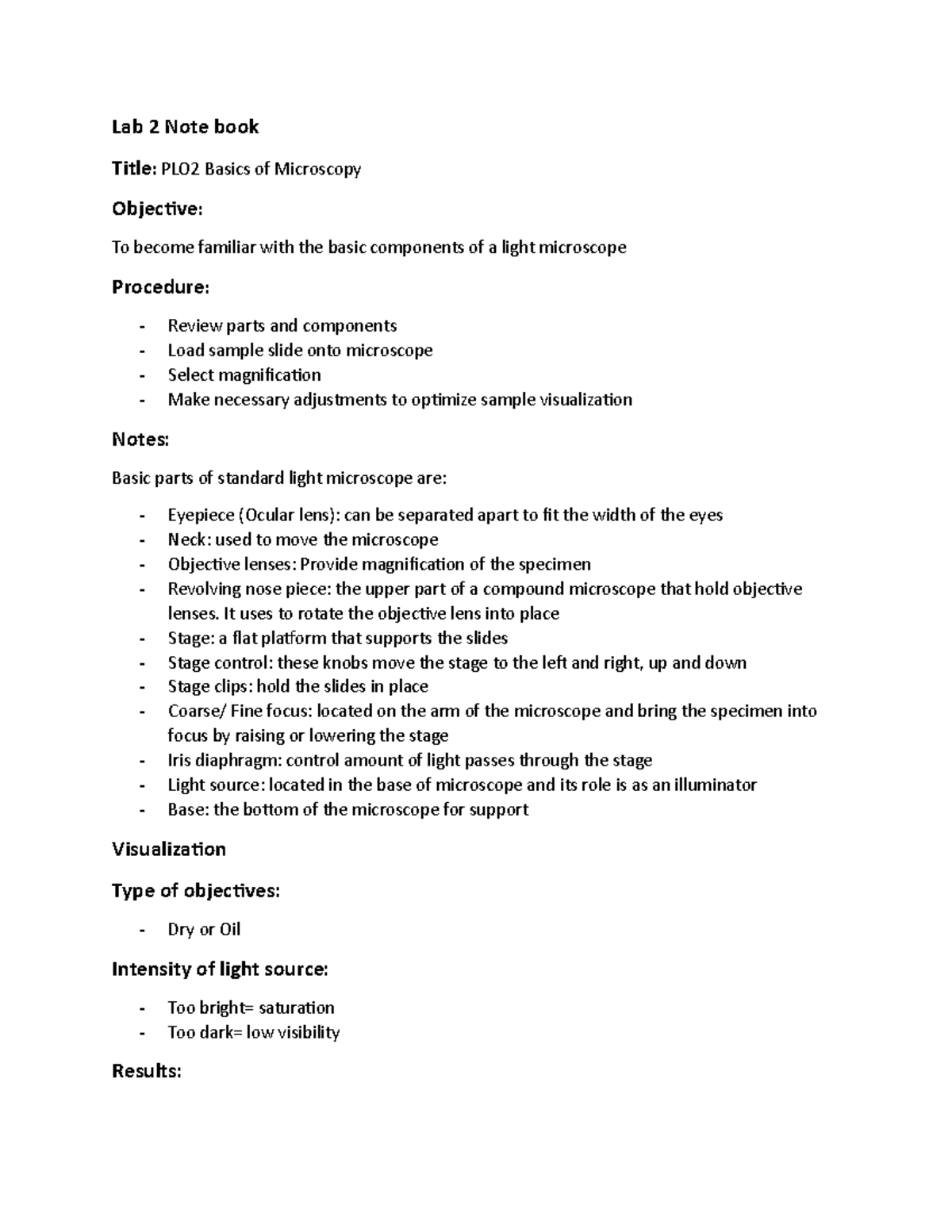 Lab 2 Basic of microscopy - Lab 2 Note book Title: PLO2 Basics of ...
