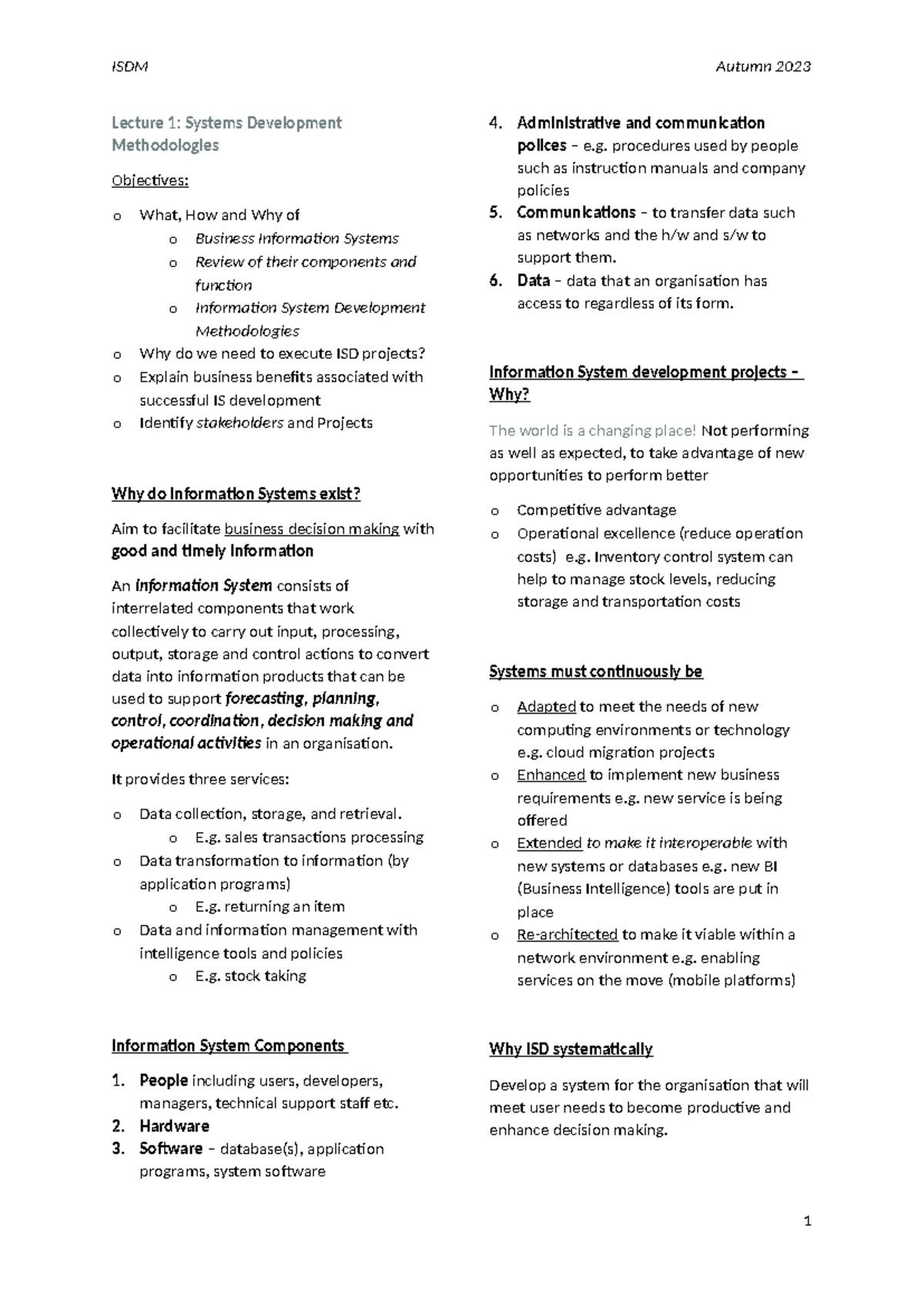 ISDM Lectures - Lecture notes for quizzes - Lecture 1: Systems ...
