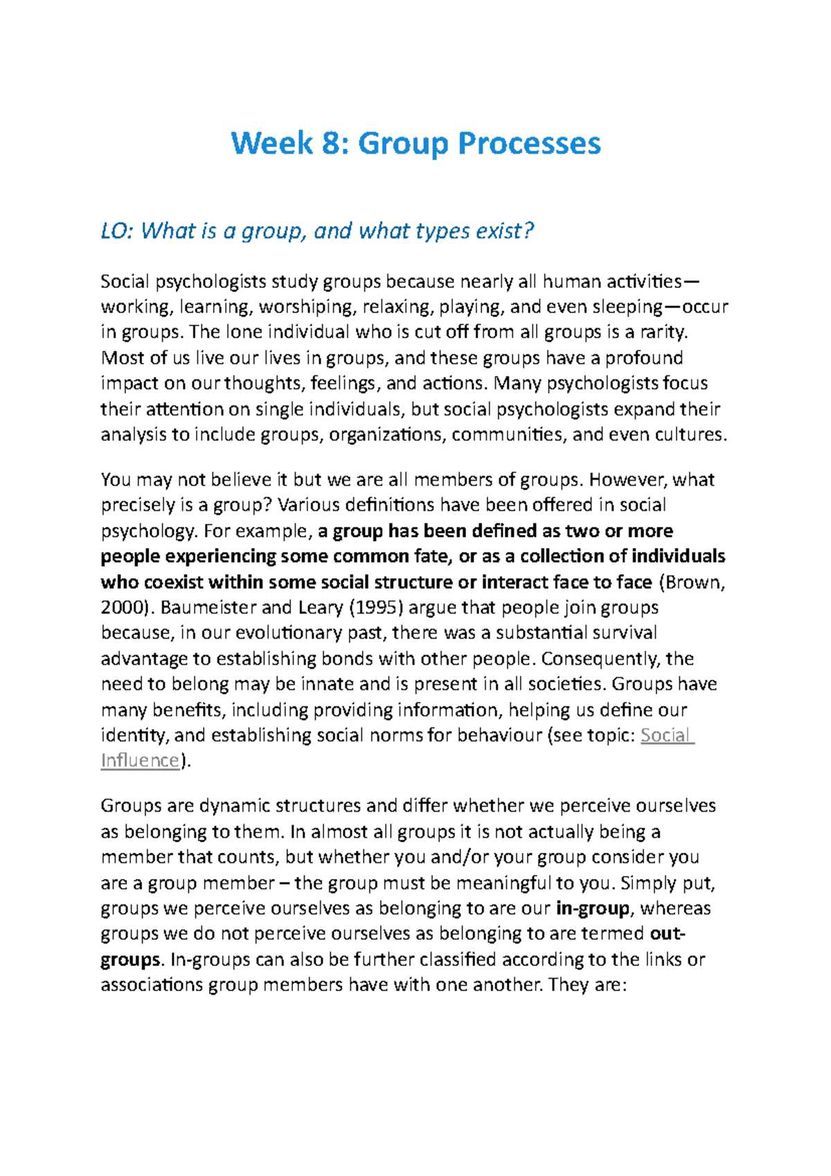 Notes - Week 8: Group Processes LO: What is a group, and what types ...