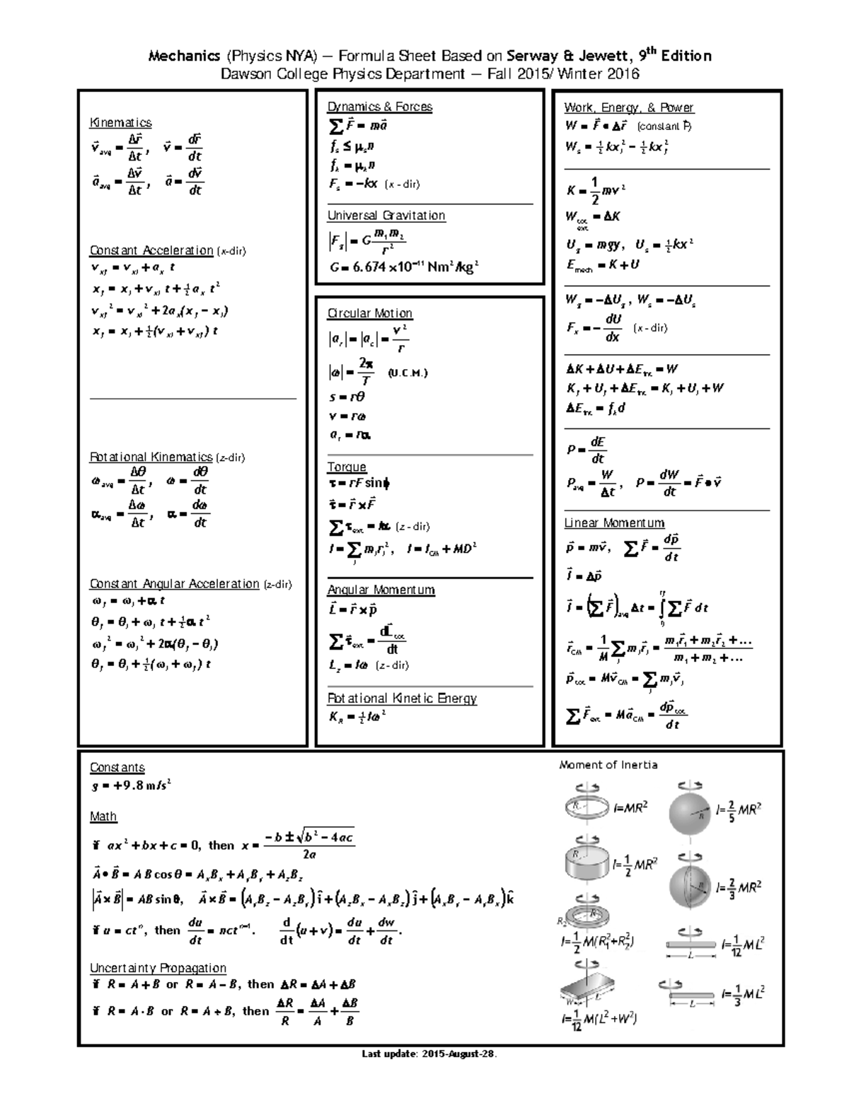 NYA Formula Sheet - Serway - Mechanics (Physics NYA) — Formula Sheet ...
