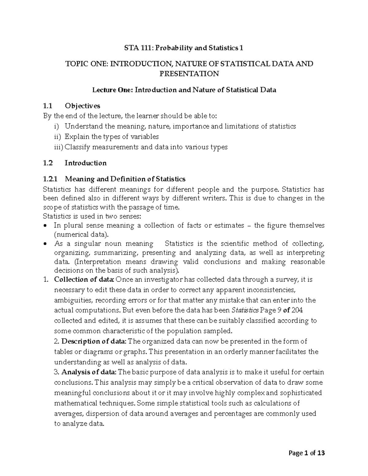 STA 111 Topic One lecture 1 - STA 111: Probability and Statistics 1 TOPIC ONE: INTRODUCTION ...