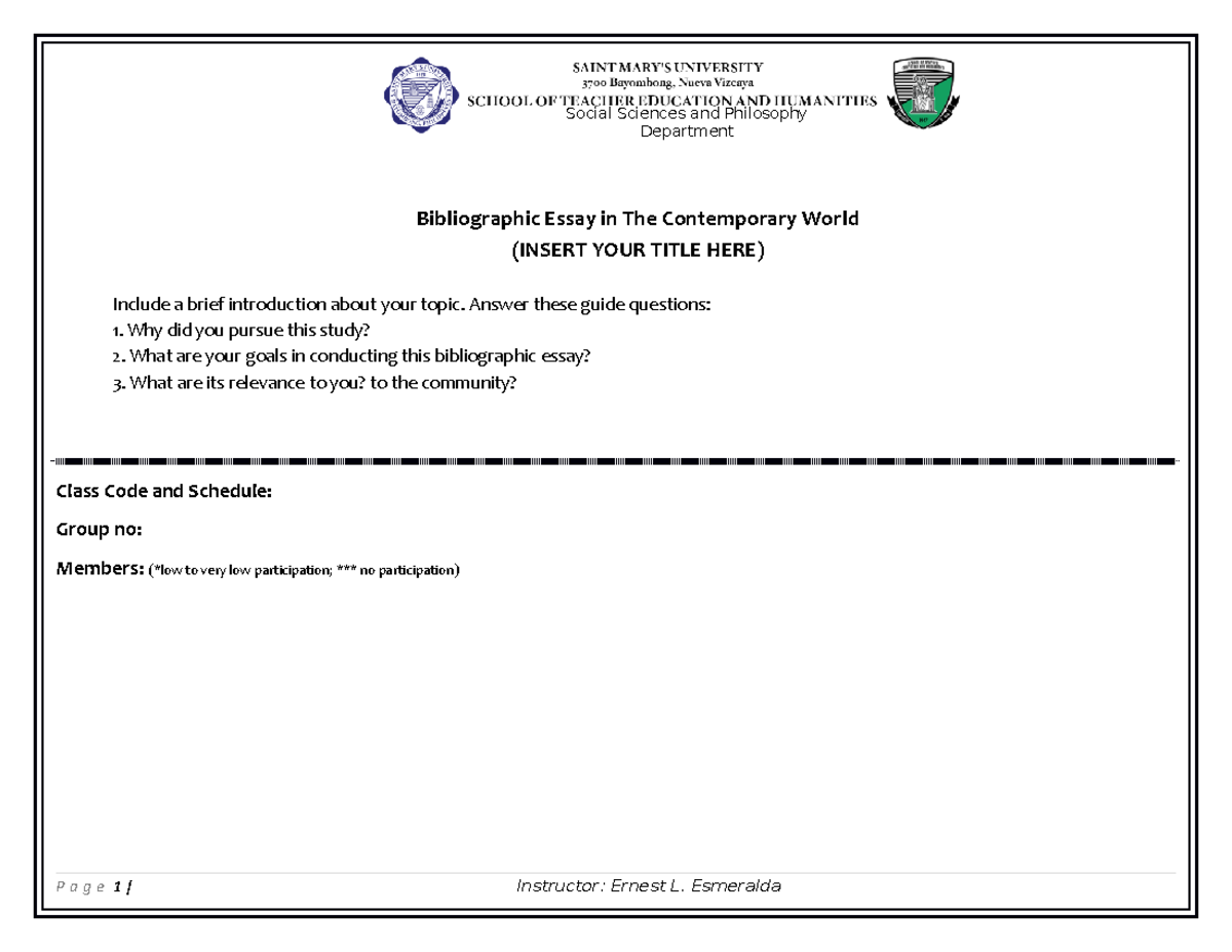 New Template Bibliographic Essay - Department Bibliographic Essay in ...