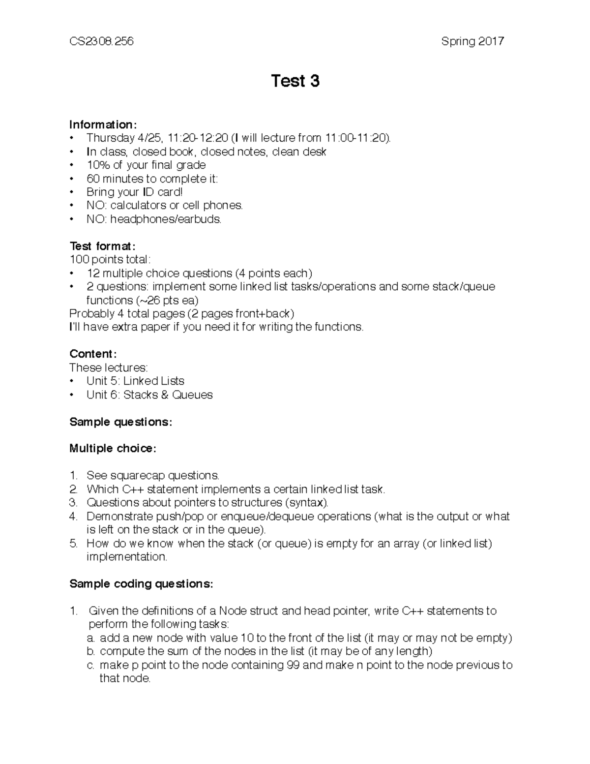 Test 3 Preparation - CS 2308 - CS2308 Spring 2017 Test 3 Information ...