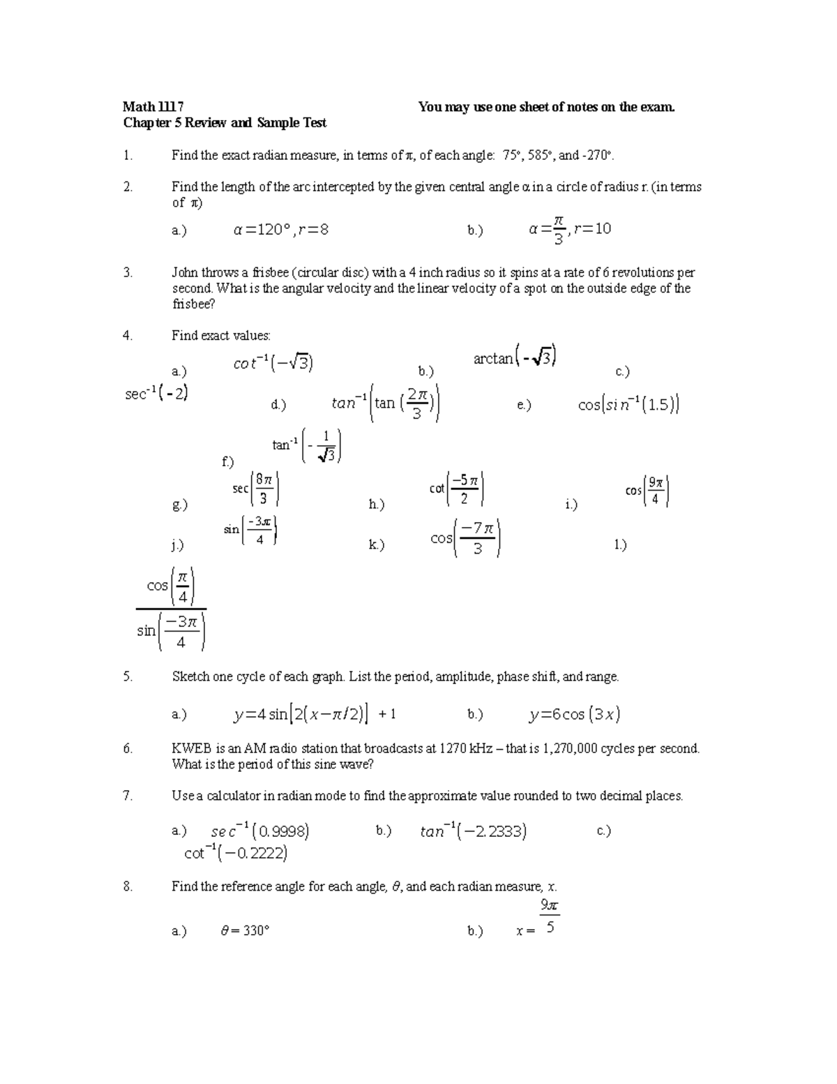 Math 1117 Review 5 - Math Chapter 5 Review and Sample Test You may use ...
