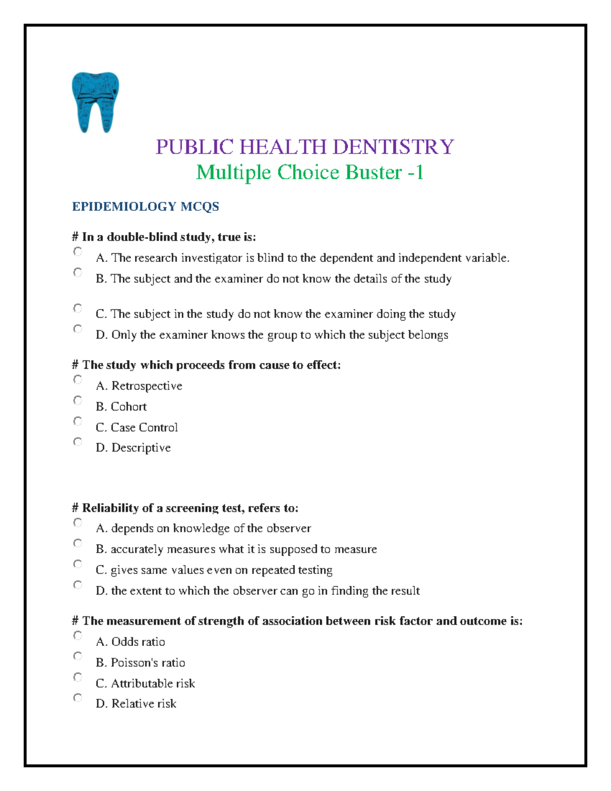 Inbound 5578579074413879195 - PUBLIC HEALTH DENTISTRY Multiple Choice Buster - 1 EPIDEMIOLOGY ...