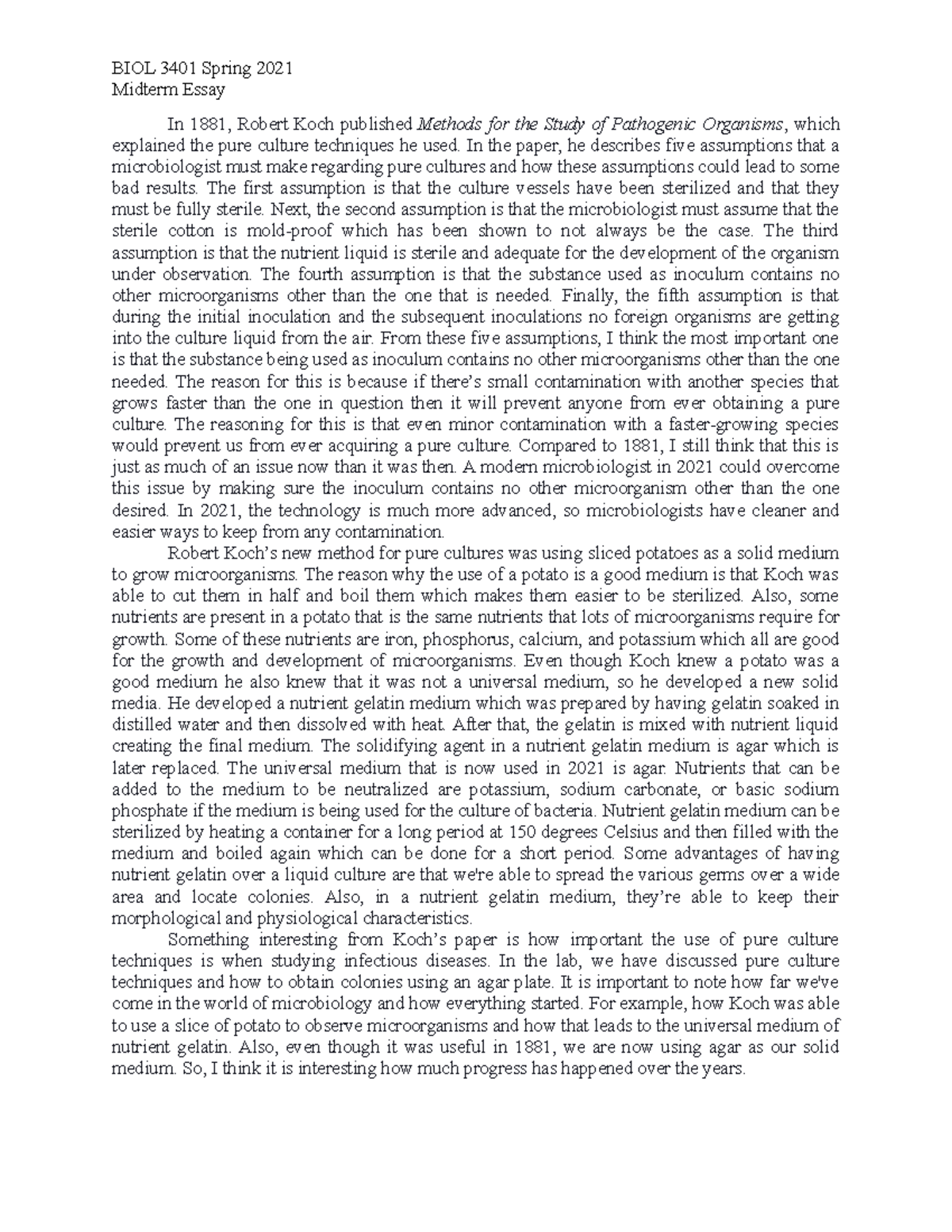 Micro lab midterm essay - BIOL 3401 Spring 2021 Midterm Essay In 1881 ...