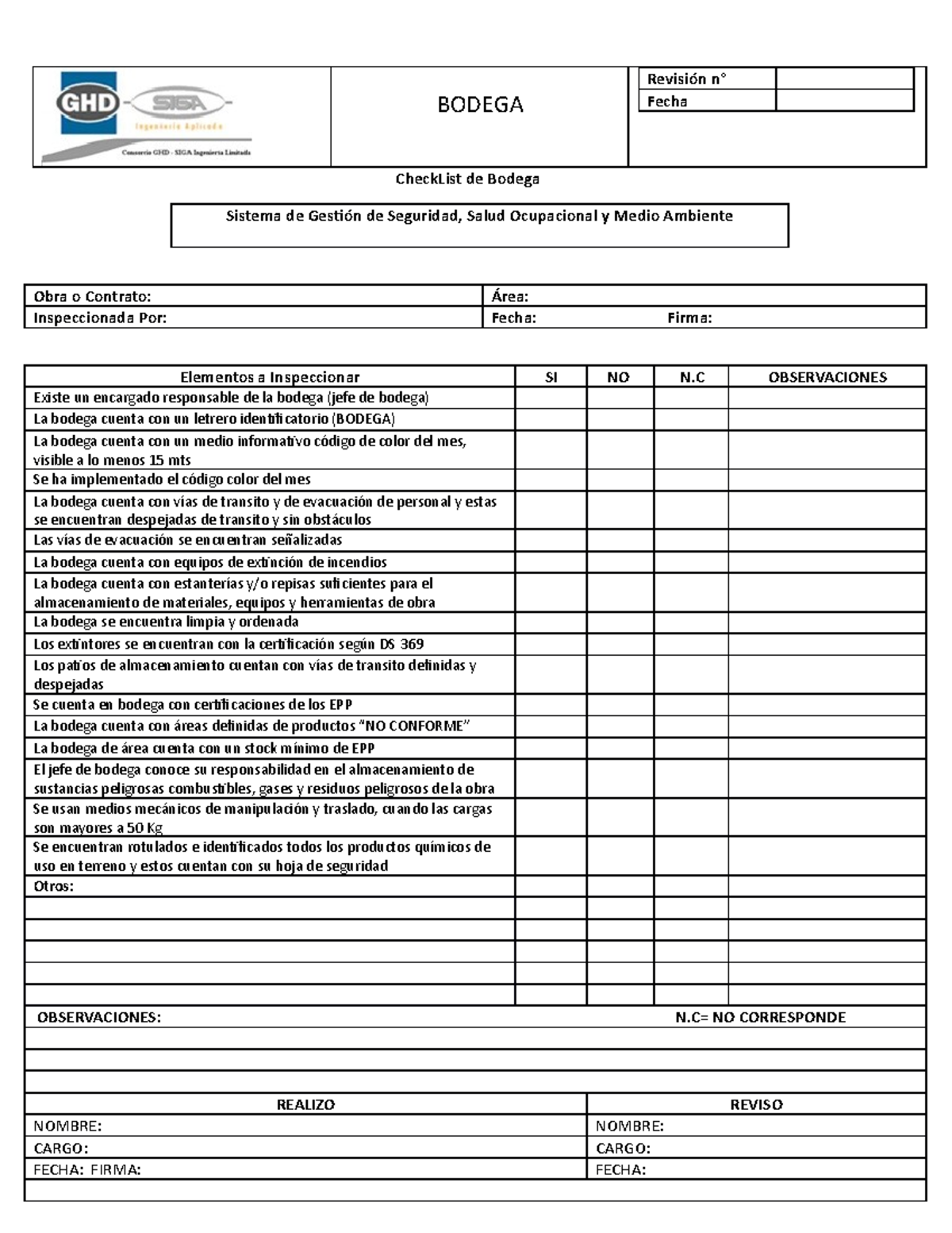 Checklist- Bodega - check list - BODEGA Revisión n° Fecha CheckList de Bodega Sistema de Gestión ...