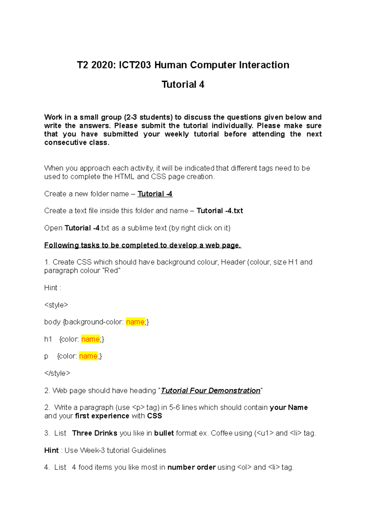 ICT 203 - Tutorial - Web design - T2 2020: ICT203 Human Computer Interaction Tutorial 4 Work in ...