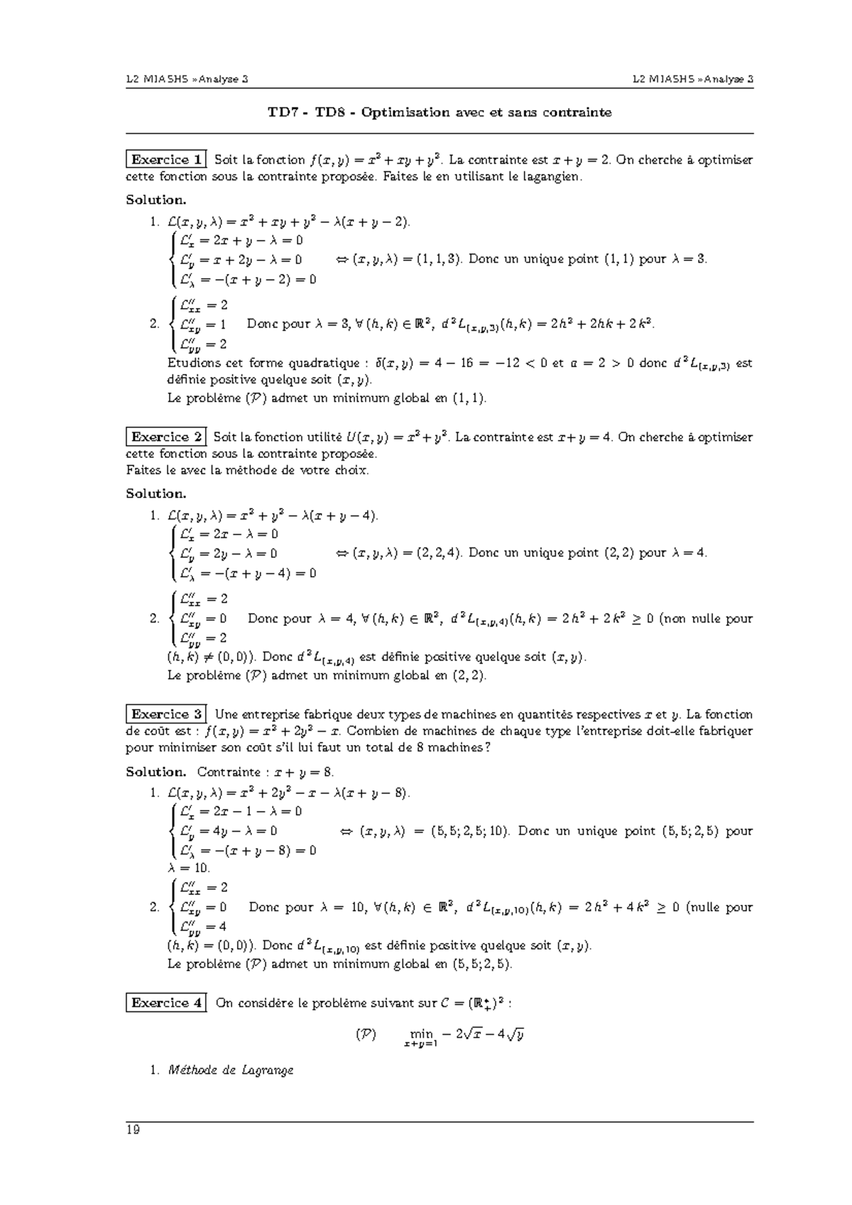 Sol TD7 - TD7 et 8 corrigé - TD7 - TD8 - Optimisation avec et sans ...