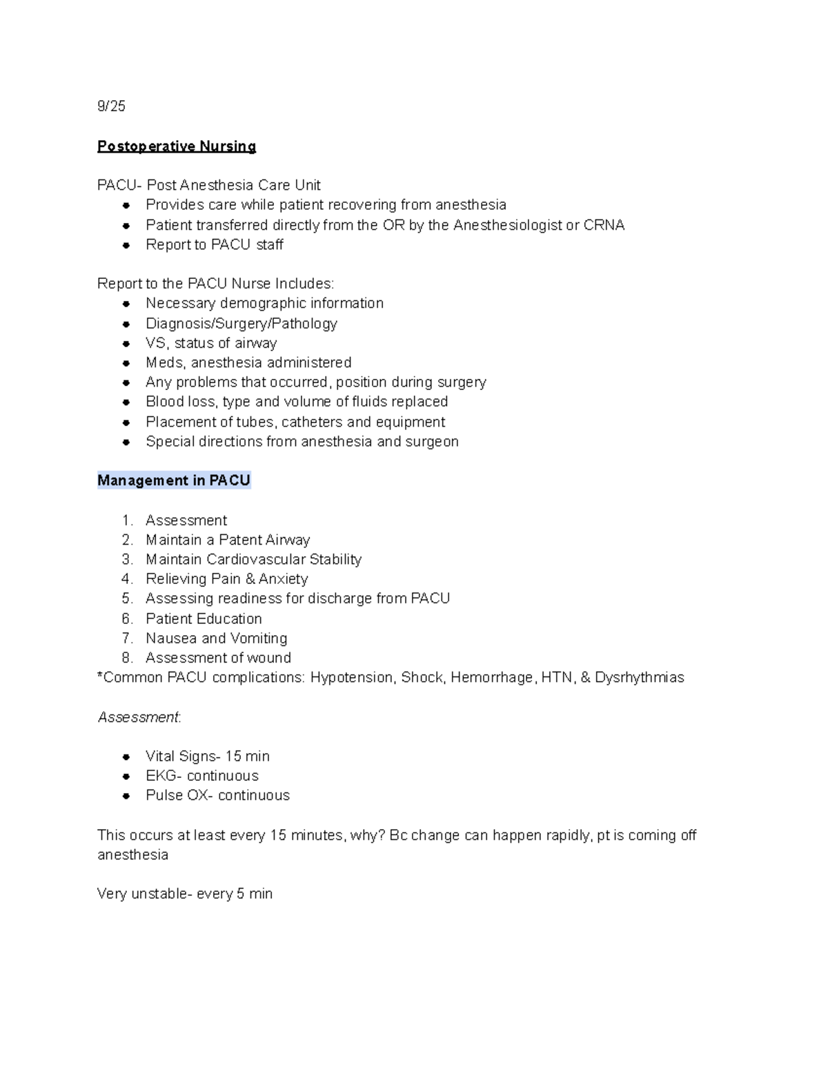 WEEK 6: POST OP - Post op - 9/ Postoperative Nursing PACU- Post ...