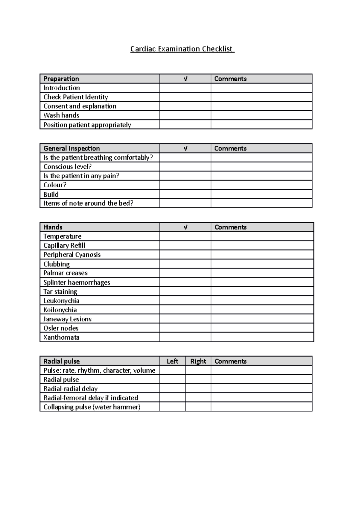Cardiac Examination Checklist - Cardiac Examination Checklist ...