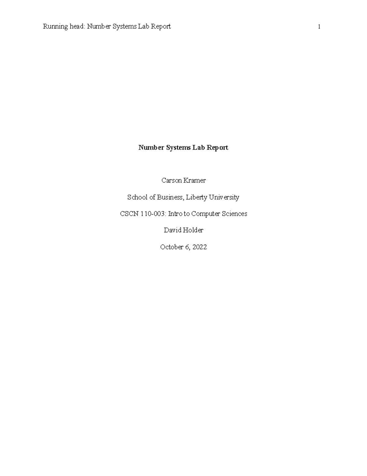 Carson Kramer - Number Systems Lab Report - Running head: Number ...