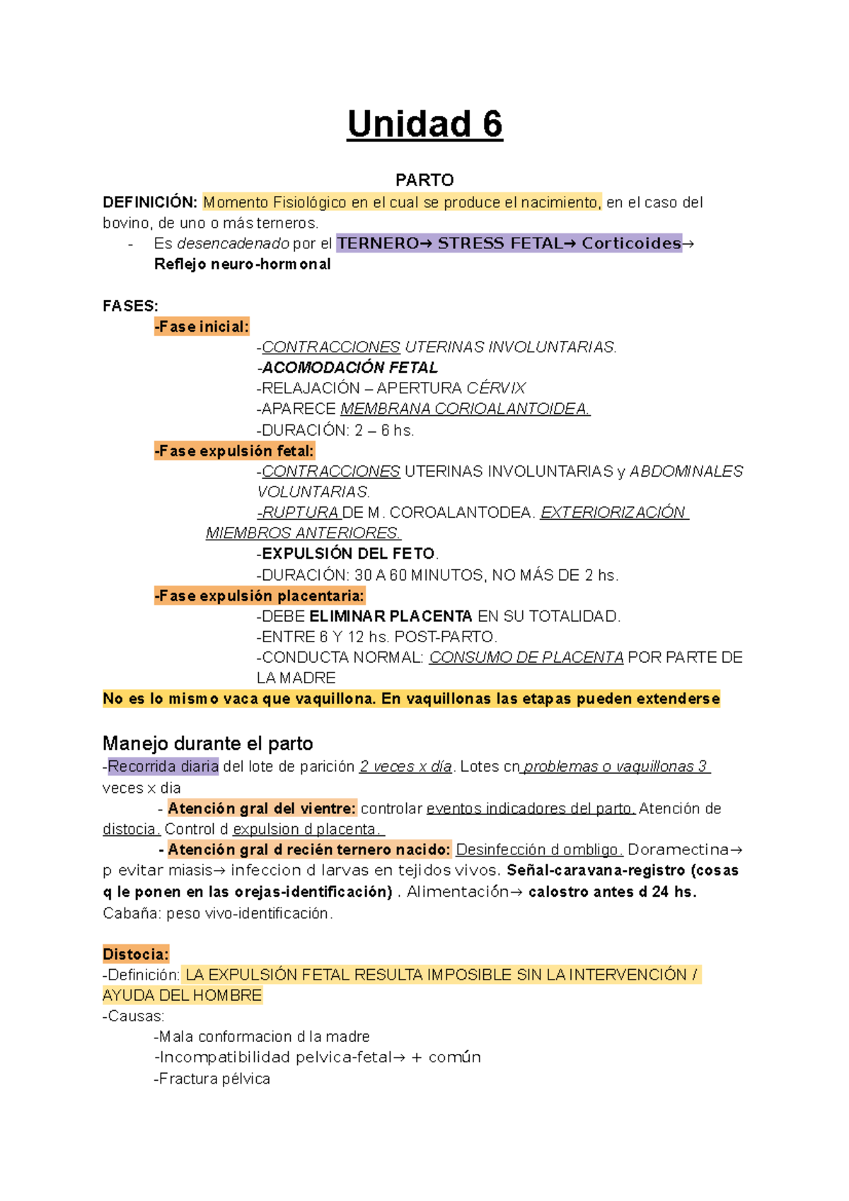 Resumen animal - Unidad 6 PARTO DEFINICIÓN: Momento Fisiológico en el ...