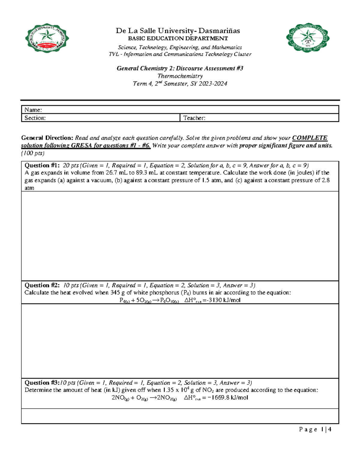 DA3 Problem SET Thermochemistry - Science, Technology, Engineering, and ...