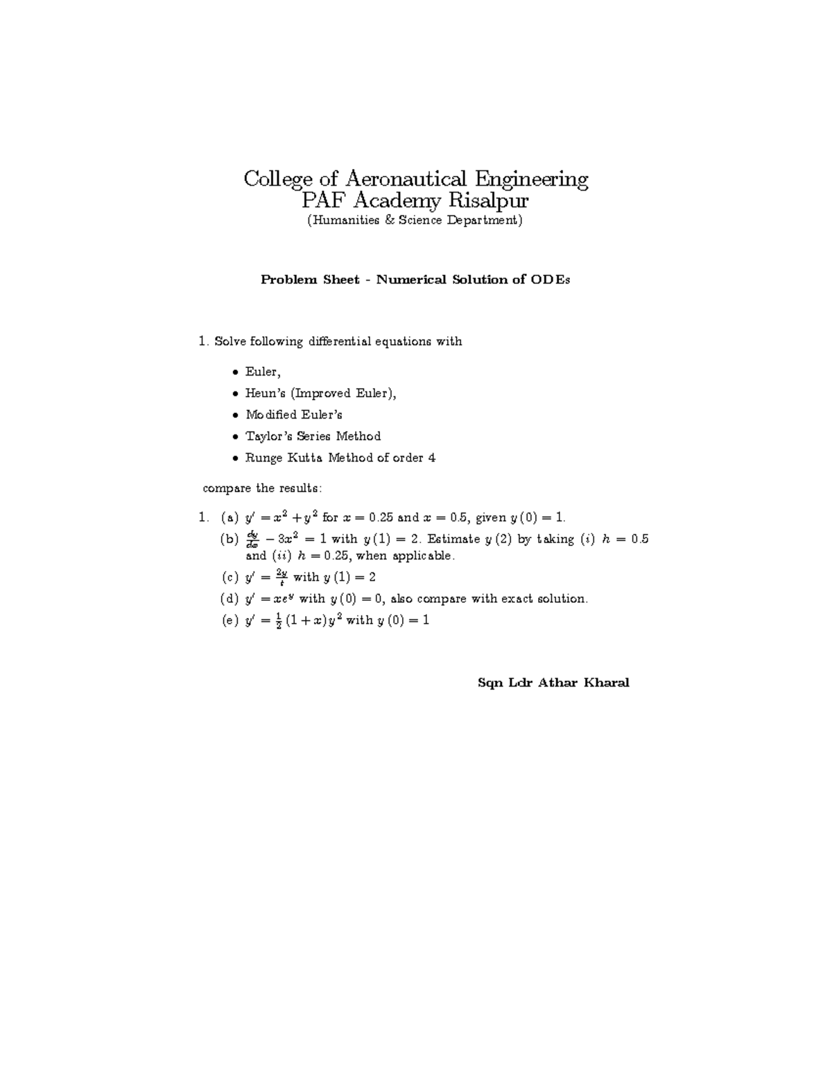 Problem Sheet 4 - Numerical Analaysis - Solution of ODEs - College of ...