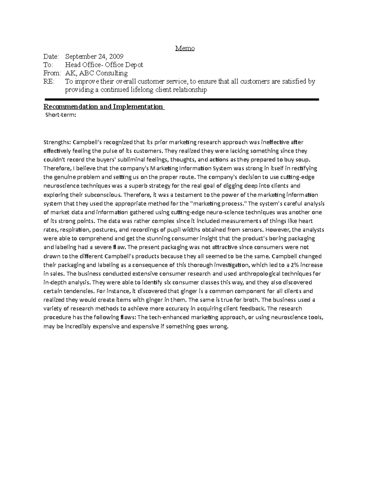 Memo - adfsf - Memo Date: September 24, 2009 To: Head Office- Office ...