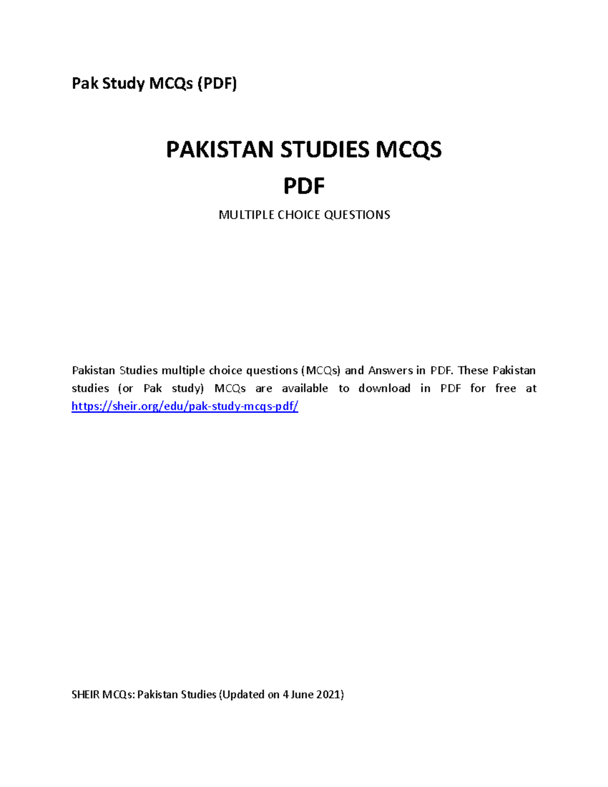 Pak-study-mcqs - Pak Study MCQs (PDF) PAKISTAN STUDIES MCQS PDF MULTIPLE CHOICE QUESTIONS ...