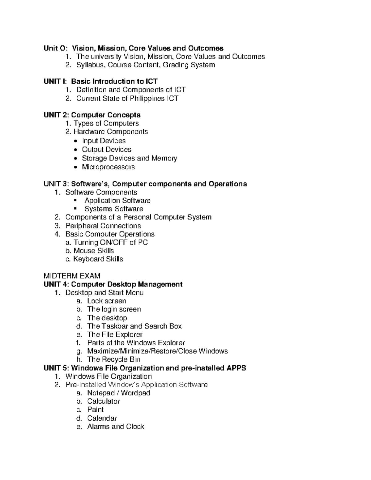 Unit O - Course Outline in ICT Ed1 - Unit O: Vision, Mission, Core ...