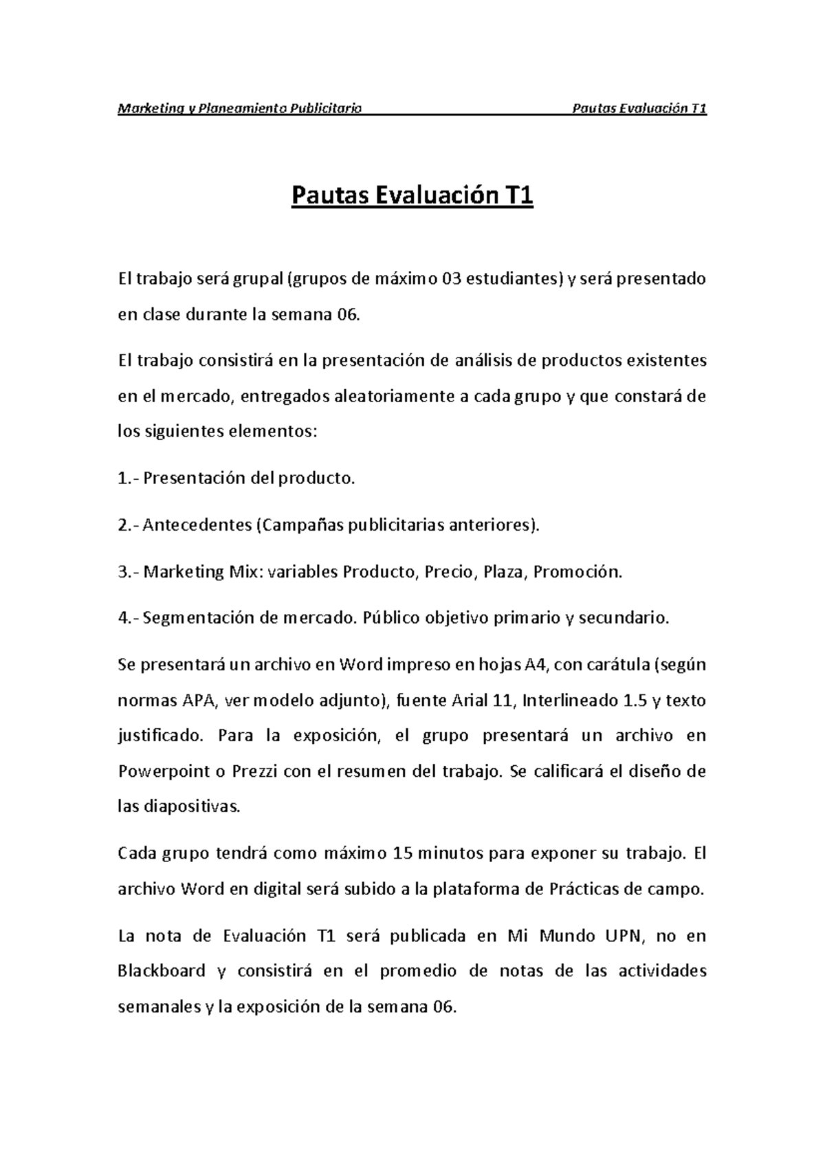 MPP - Pautas Evaluación T1 - Marketing y Planeamiento Publicitario Pautas Evaluación T Pautas ...