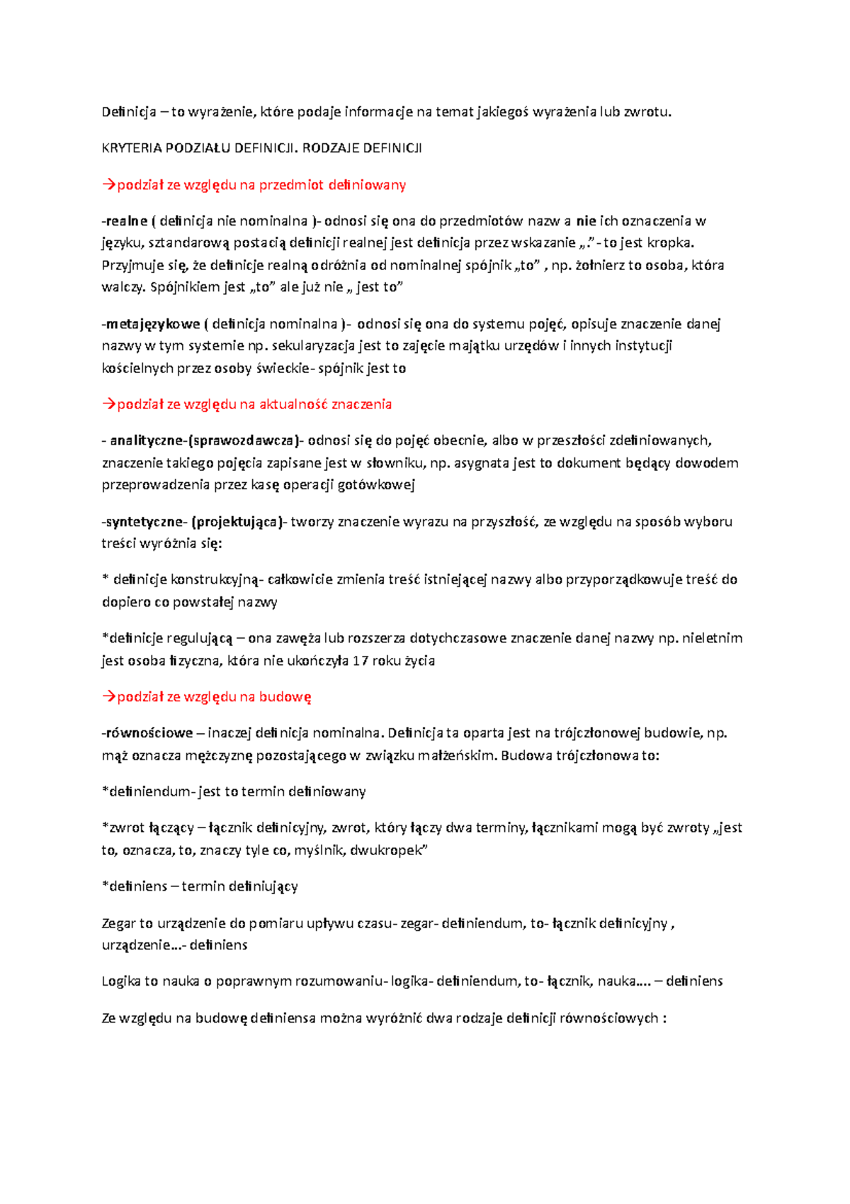 kryteria podziału definicji - Definicja – to wyrażenie, które podaje ...