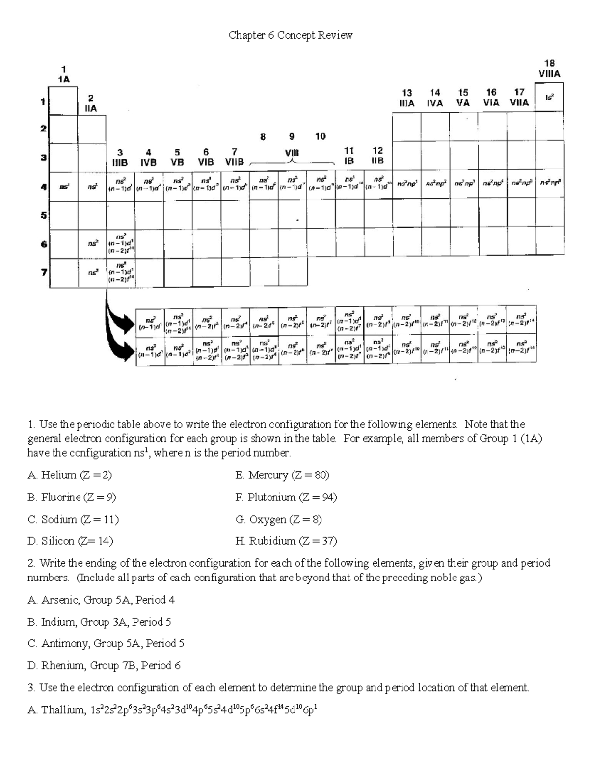 Chapter 6 Concept Review 2 - Chapter 6 Concept Review Use the periodic ...