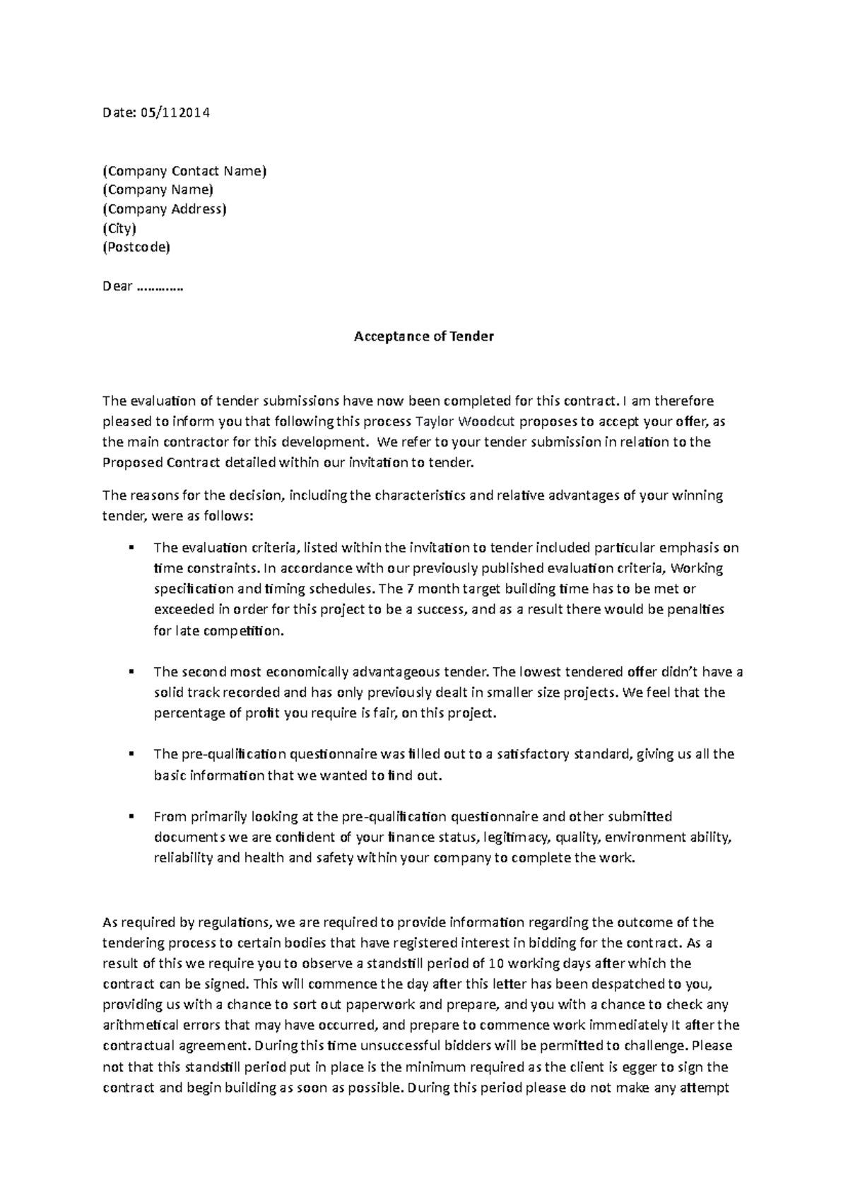 Accepted Tender Letter - Date: 05/ (Company Contact Name) (Company Name ...