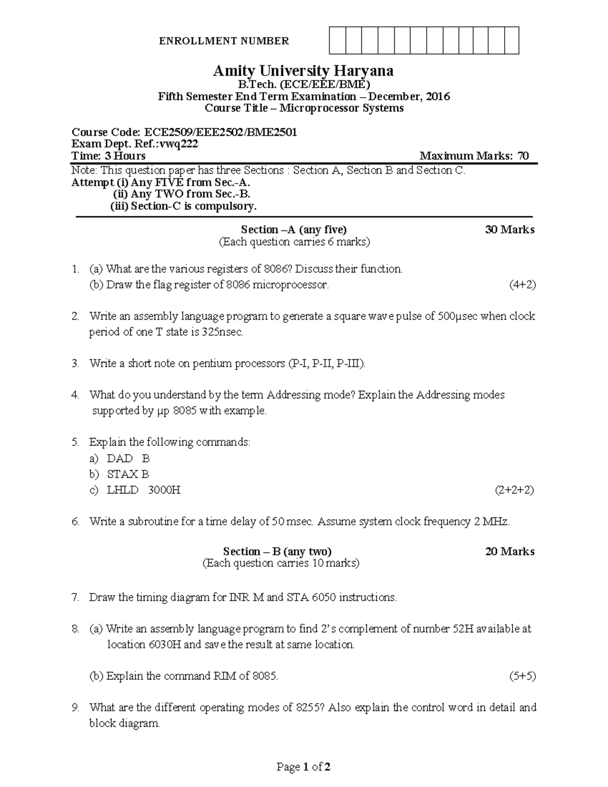 BTech-ECE,BME,EEE V Microprocessor Systems out - Page 1 of 2 ENROLLMENT ... BTech-ECE,BME,EEE V Microprocessor Systems out - Page 1 of 2 ENROLLMENT ...