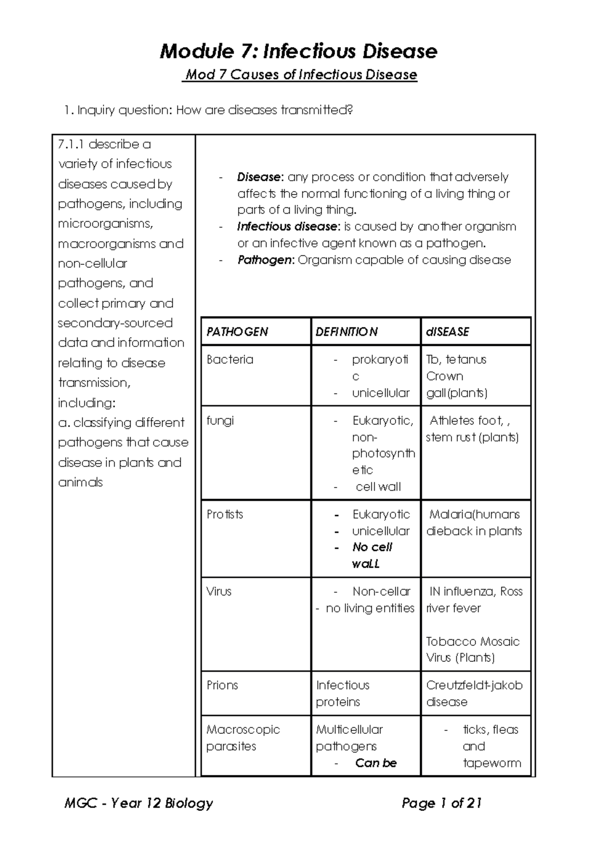 MOD 7- infectious diseases - Mod 7 Causes of Infectious Disease Inquiry ...