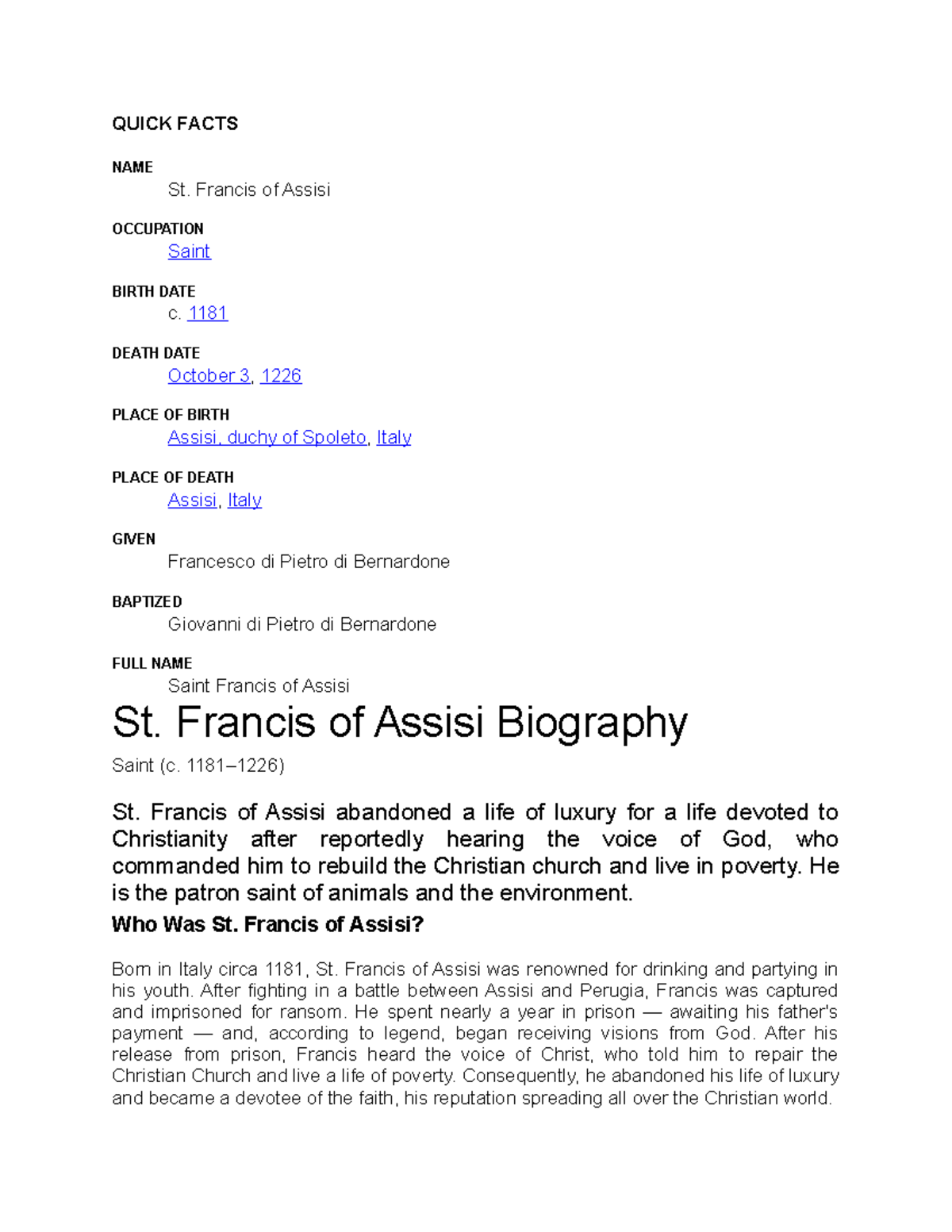Quick Facts - Filipino (FIL01) - QUICK FACTS NAME St. Francis of Assisi ...