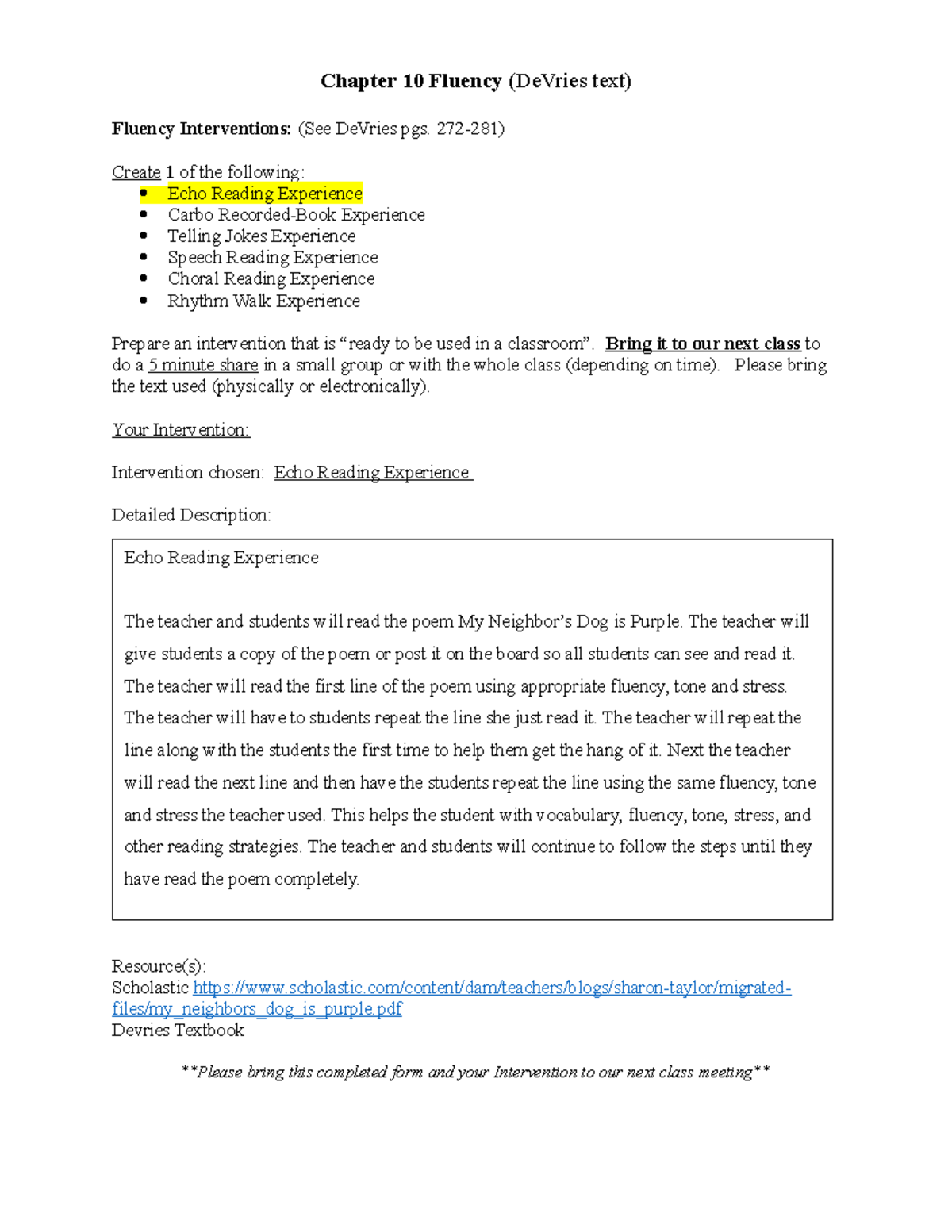 RED 4519 Chapter 10 Fluency - Chapter 10 Fluency (DeVries text) Fluency ...