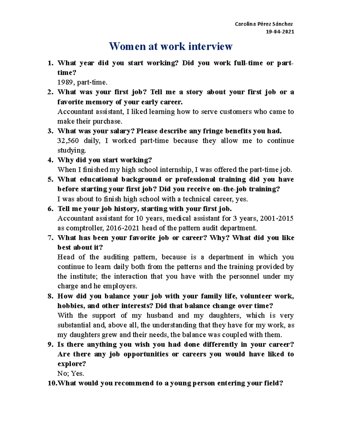 Women at work interview with answers - Carolina Pérez Sánchez 19-04 ...