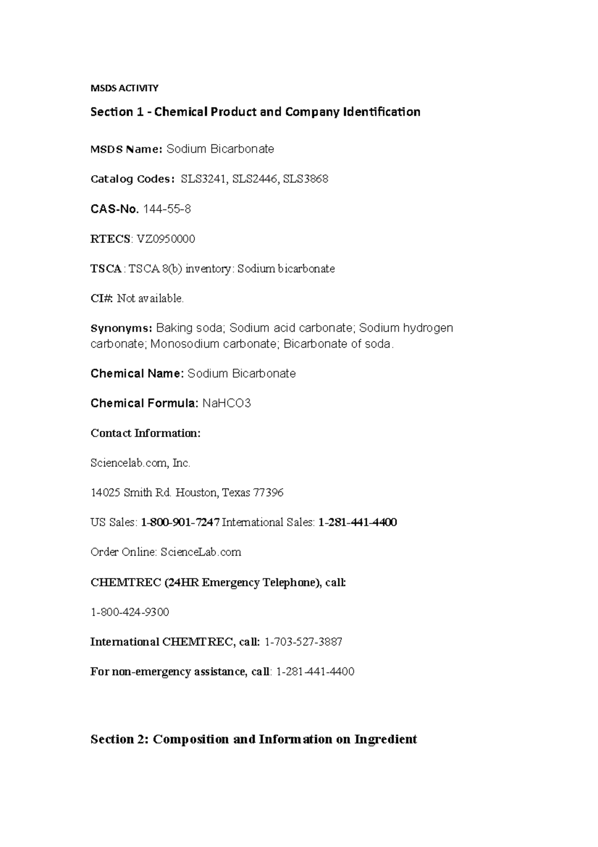 MSDS- Sheet Activity - MSDS ACTIVITY Section 1 - Chemical Product and ...