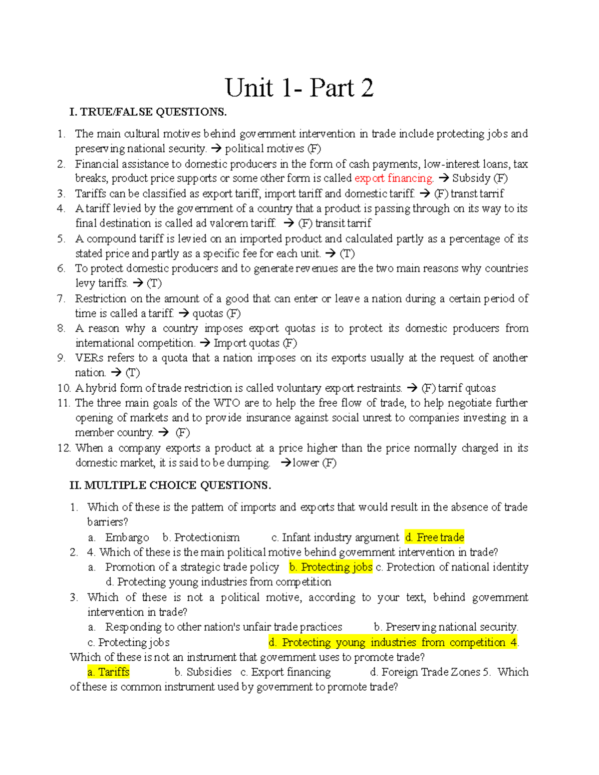 Unit 1 Part 2 Exercises to sts - Unit 1- Part 2 I. TRUE/FALSE QUESTIONS. The main cultural ...