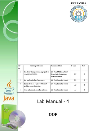 Lab 13 Java 2k21 - ...... - UET TAXILA Lab Manual - 13 OOP Laboratory 1 3 : Statement Purpose ...