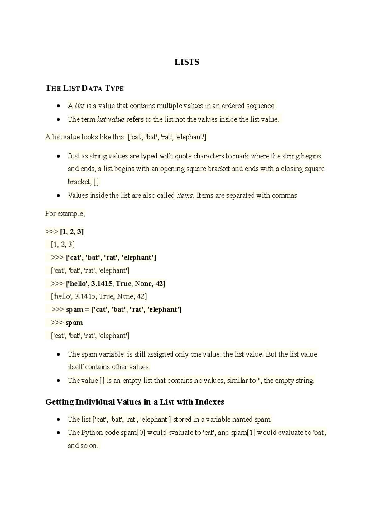 2ND Module Python - LISTS THE LIST DATA TYPE A list is a value that ...