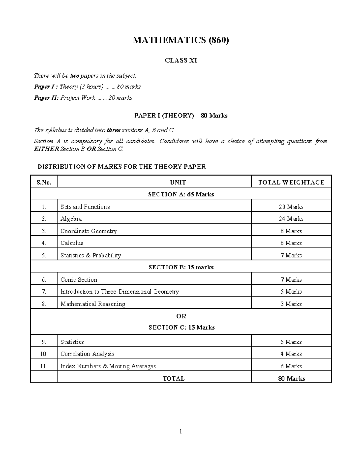 Syllabus portion - MATHEMATICS (860) CLASS XI There will be two papers in the subject: Paper I ...