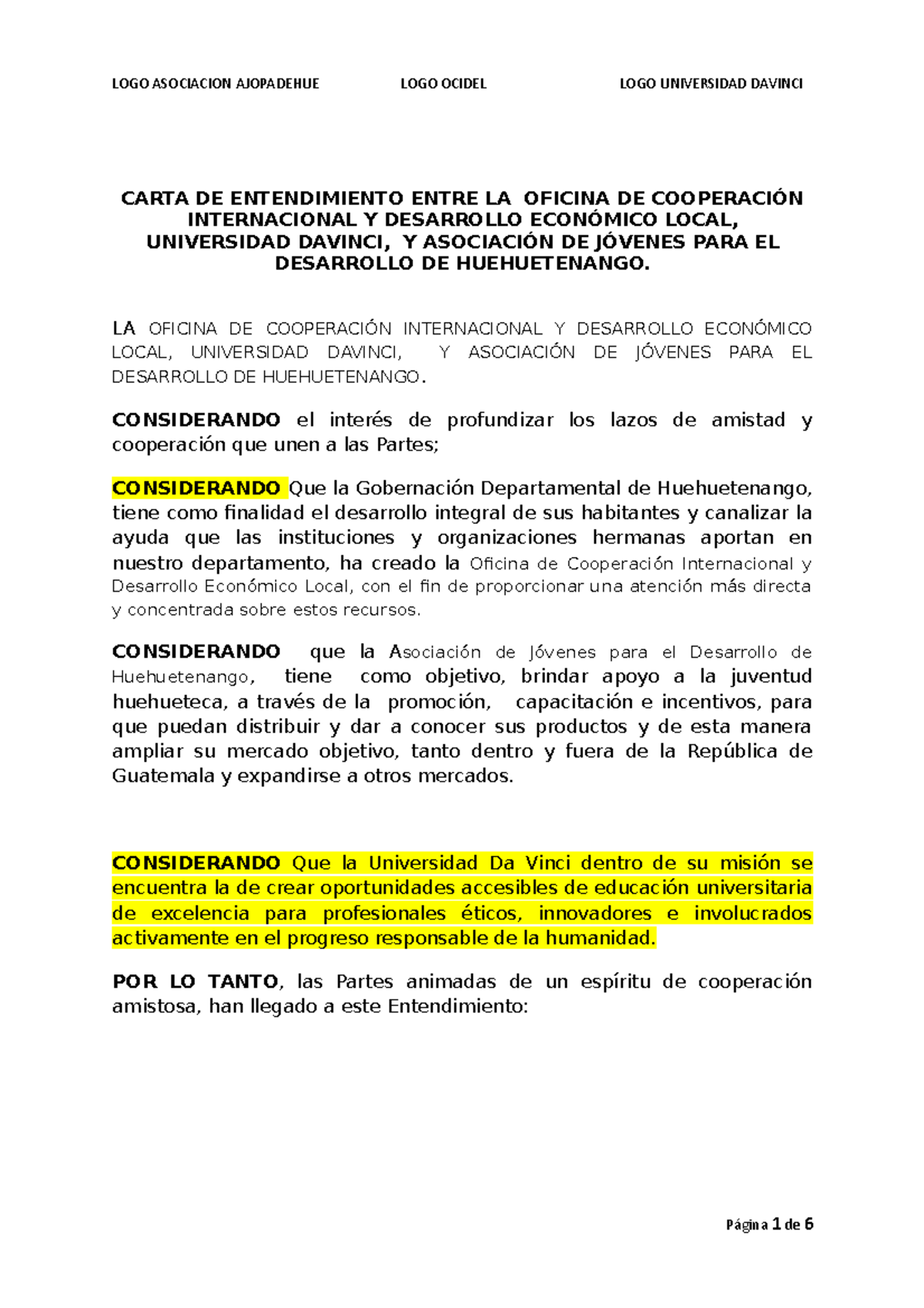 Convenio Ocidel - acuerdo - CARTA DE ENTENDIMIENTO ENTRE LA OFICINA DE COOPERACIÓN INTERNACIONAL ...