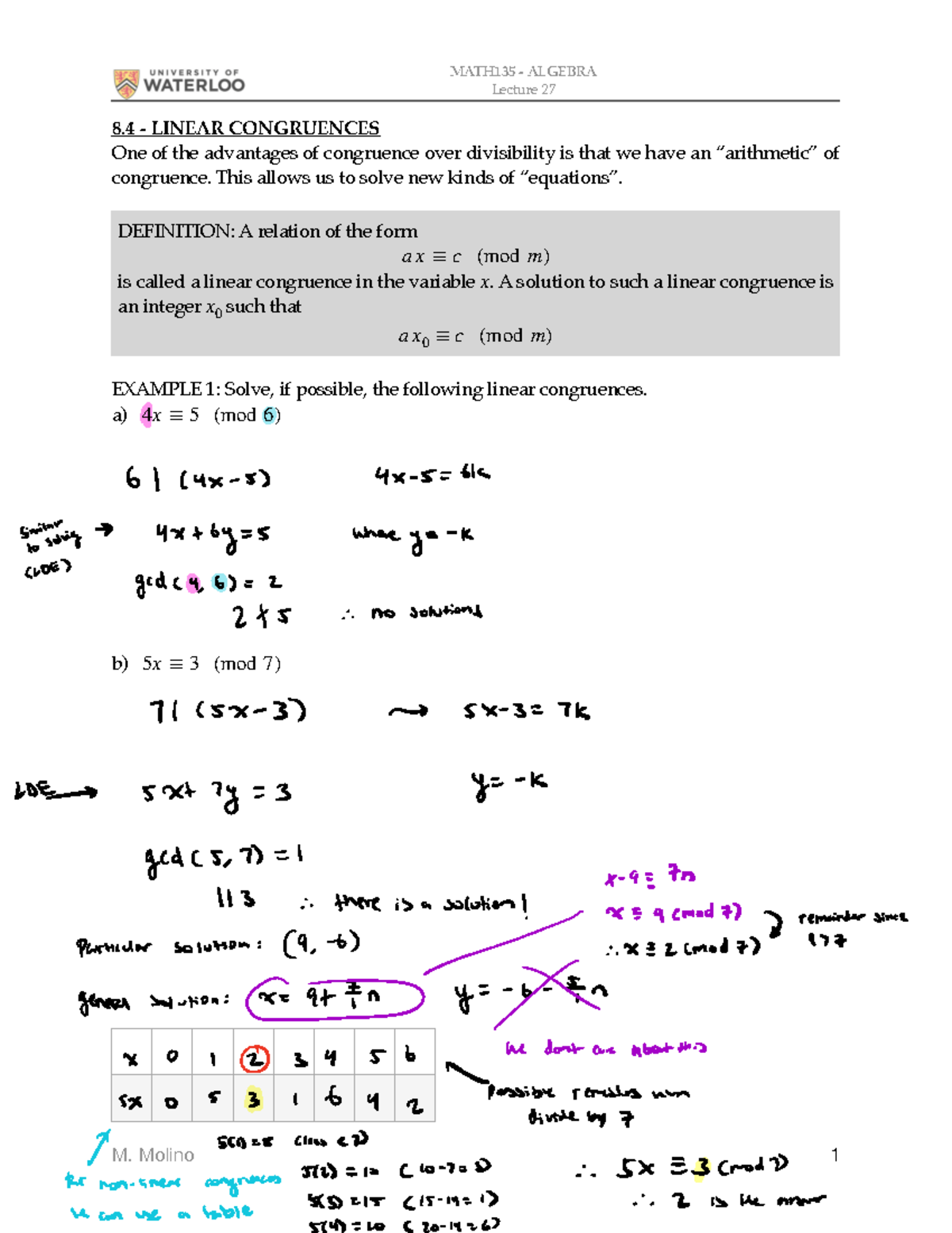 Lecture 27 - MATH135 - Lecture 27 8 - LINEAR CONGRUENCES One of the ...