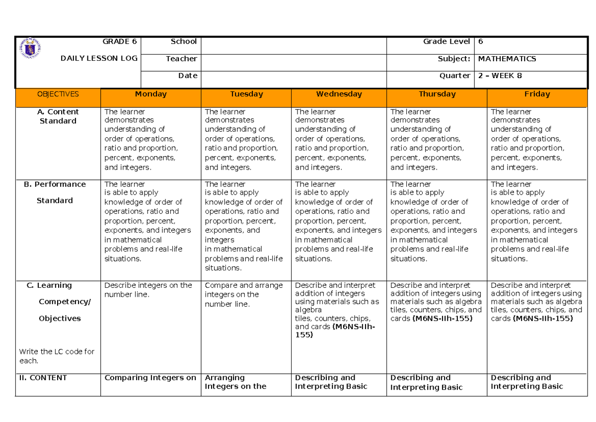 WEEK8 dll MATH 1 - DLL - GRADE 6 DAILY LESSON LOG School Grade Level 6 ...