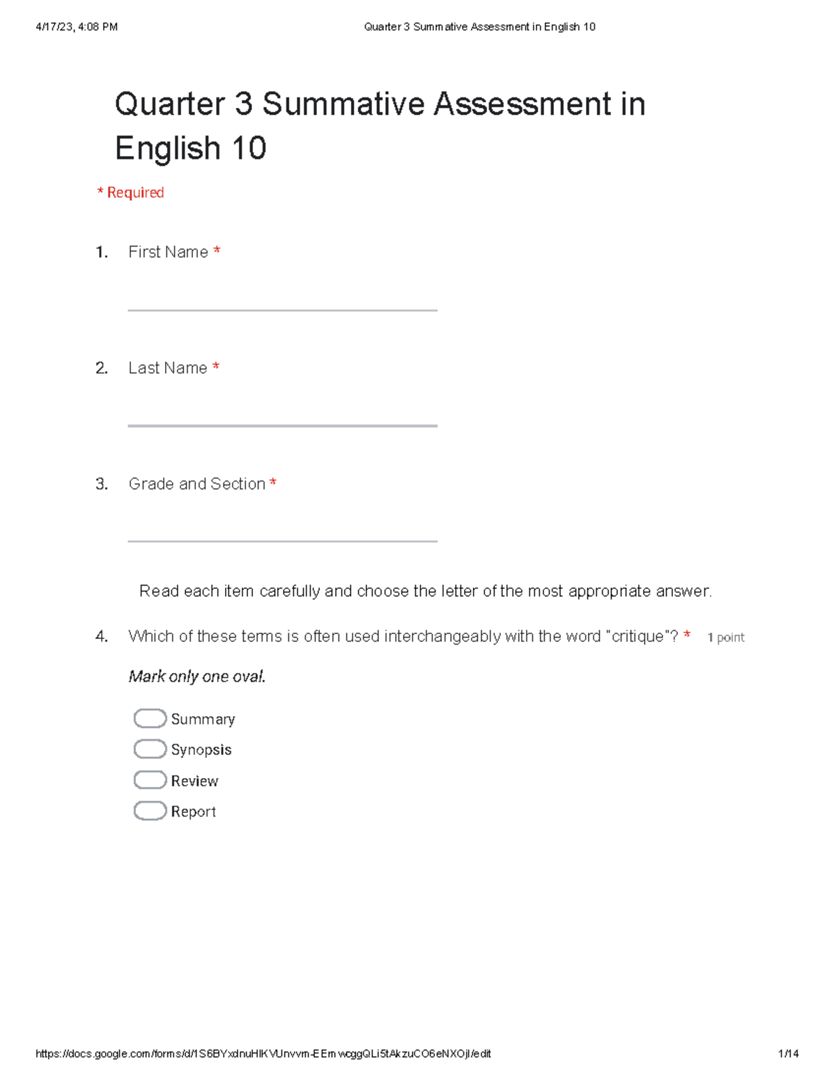 English 10 - Google Forms - 1. 2. 3. Read each item carefully and ...