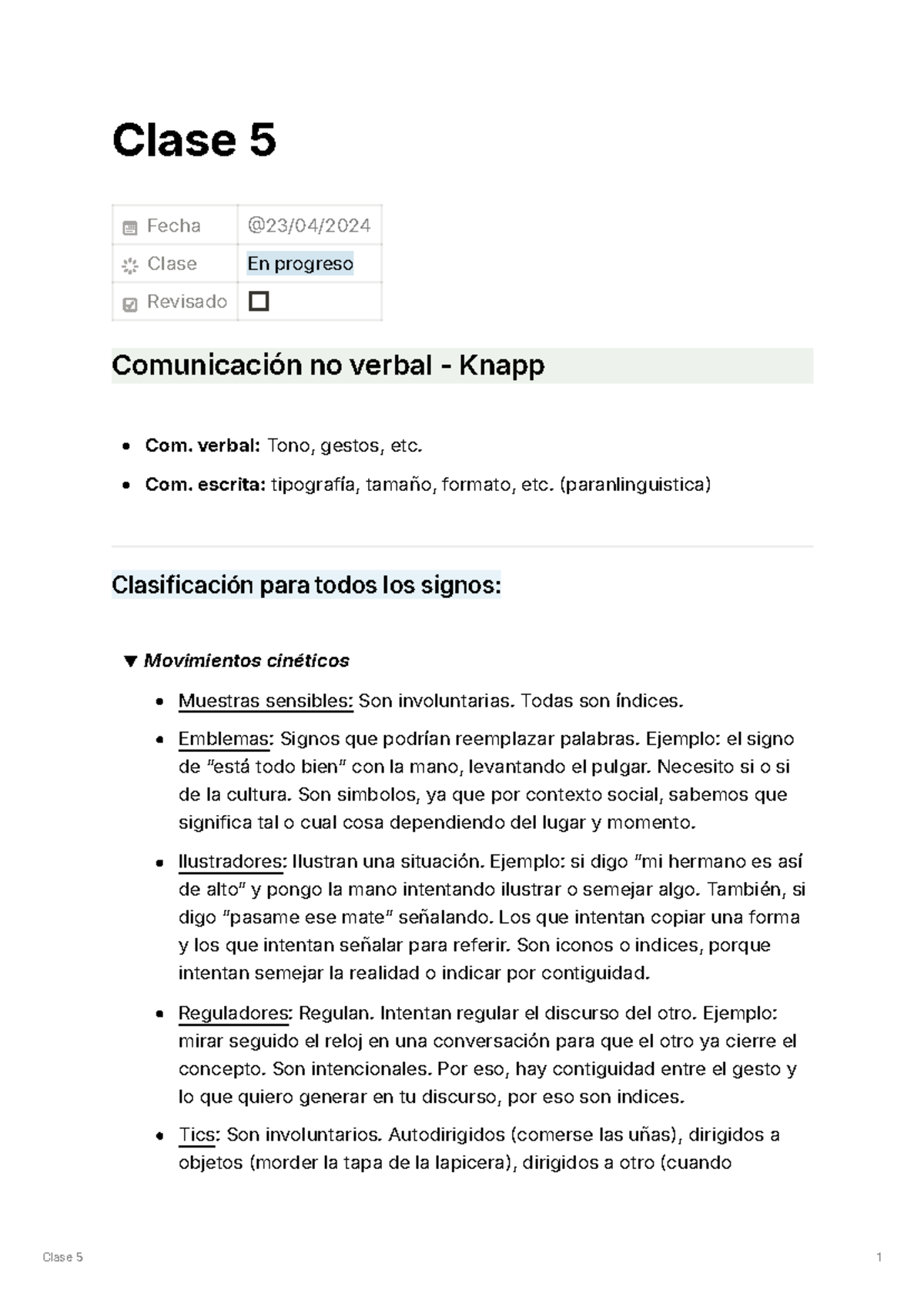 Clase 5 - Semiotica - Clase 5 1 Clase 5 Fecha Clase En progreso Revisado Comunicación no verbal ...